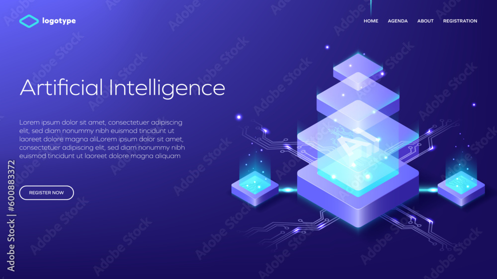 Isometric vector illustration. Abstract data center with artificial ...