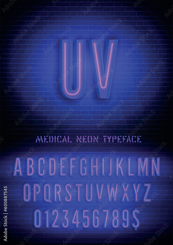 Poster UV sign and ultraviolet neon box font with numbers on vector ...