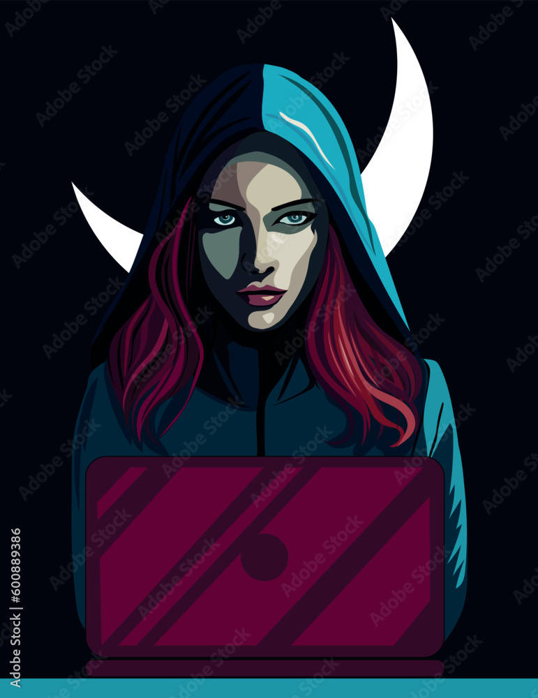 Hacker with computer. Hooded girl with laptop under the moonlight ...