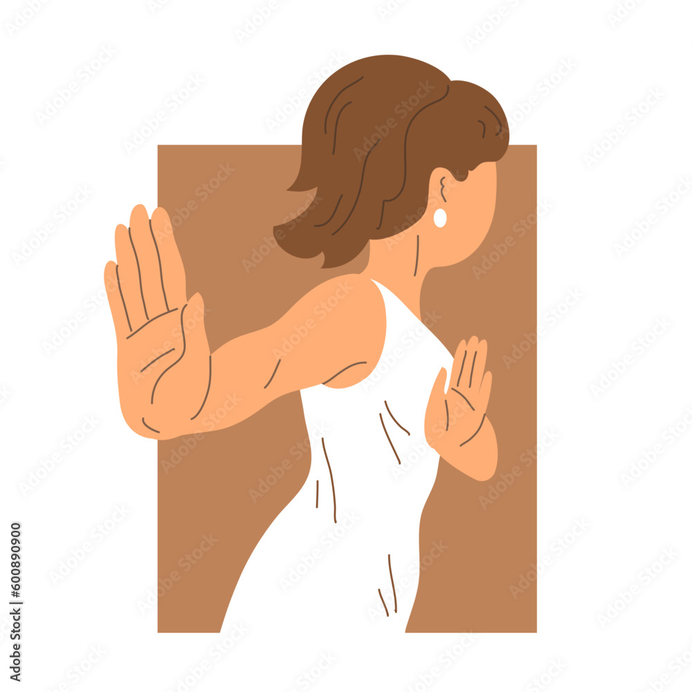 Young woman resolutely refuses. Stop hand gesture. Hate, reject and ...