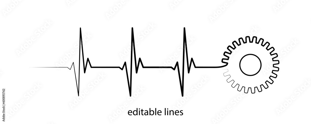 Editable lines heart rhythm illustration with gear wheel, heartbeat ...