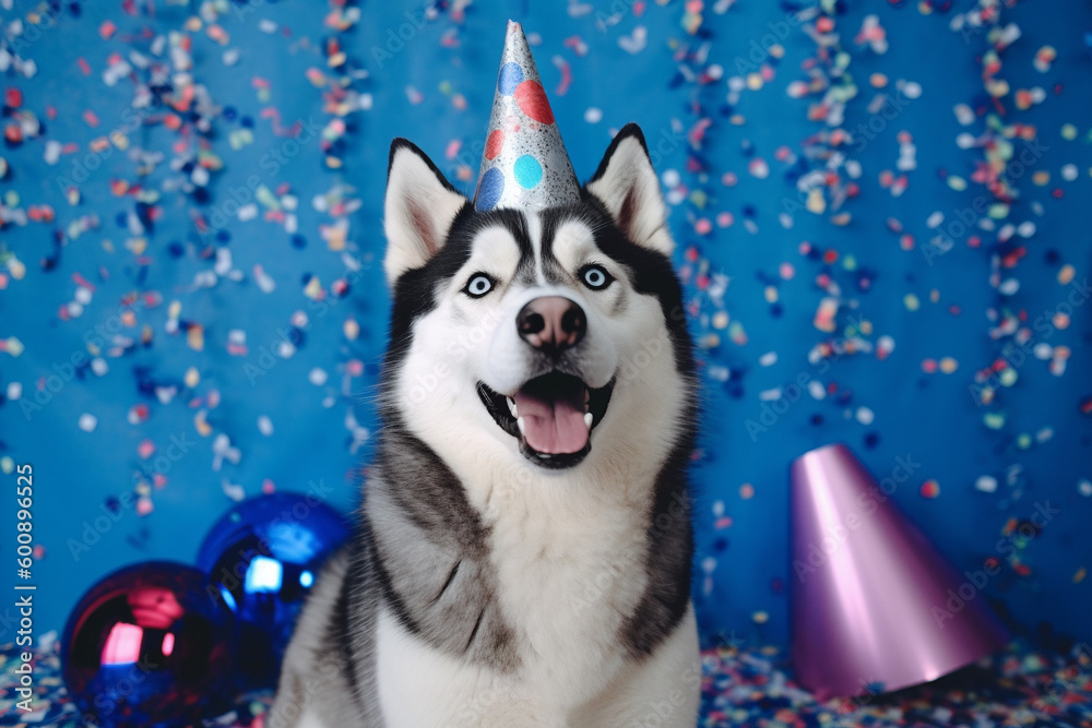 husky wearing a party hut smiling and having fun at a party with party ...