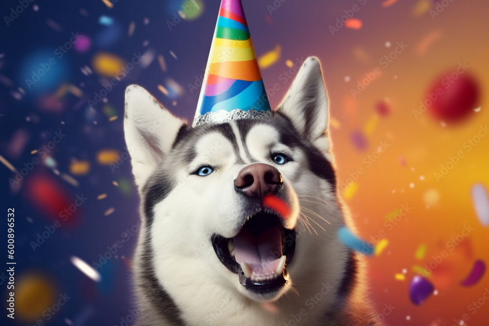 husky wearing a party hut smiling and having fun at a party with ...
