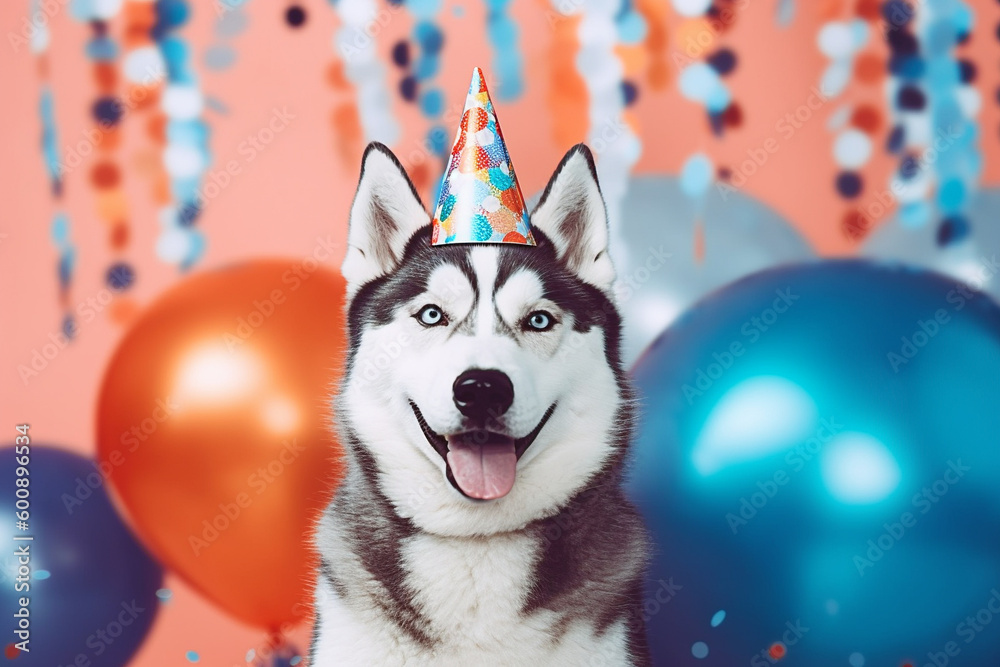 husky wearing a party hut smiling and having fun at a party with party ...