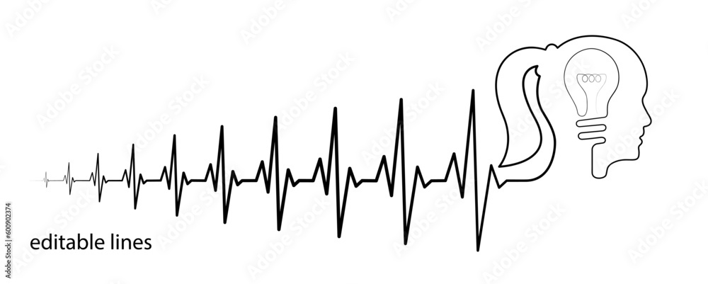 Heart rhythm illustration with woman human head, lightbulb, heartbeat ...