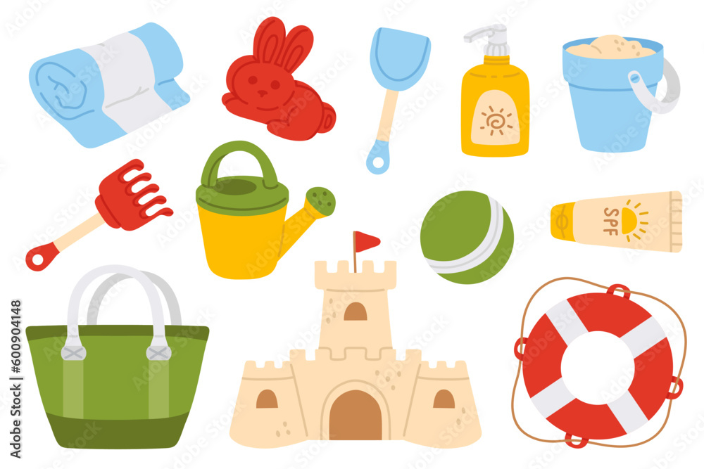 A vector collection of cartoon beach tools, toys including a sandcastle ...
