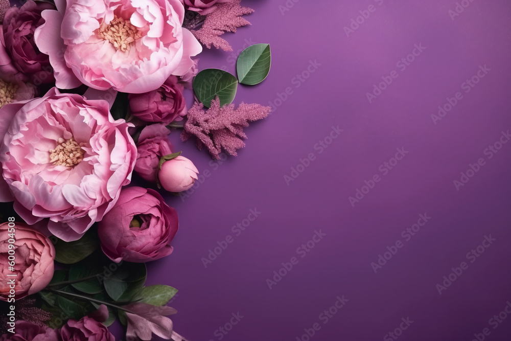 Peonies, roses on purple background with copy space. Abstract natural ...