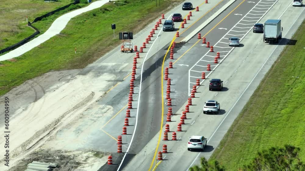 Industrial roadworks. Wide american highway under construction ...