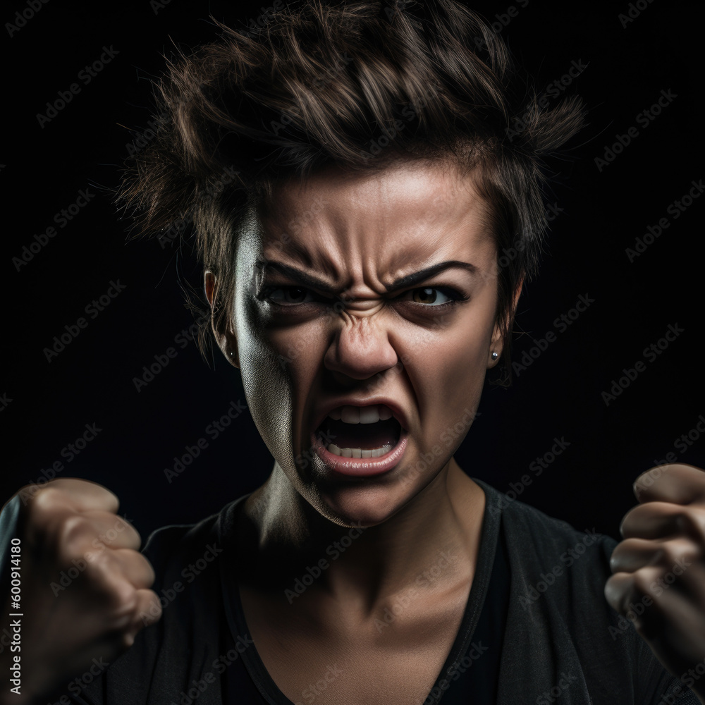Enraged portrait of a woman in a studio backdrop with a furious ...