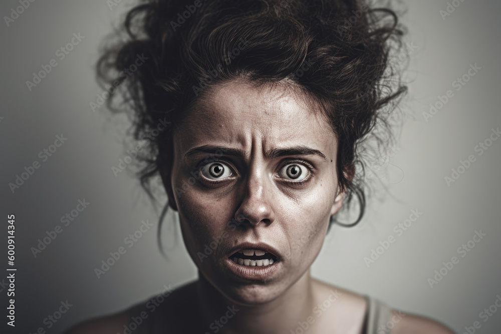 Intense portrait of a woman with a frightened look and a stark white ...