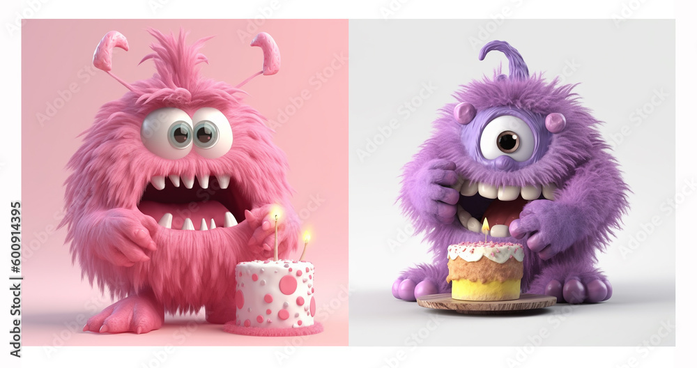 Cute pink and purple monsters with birthday cakes. 3d cartoon render ...