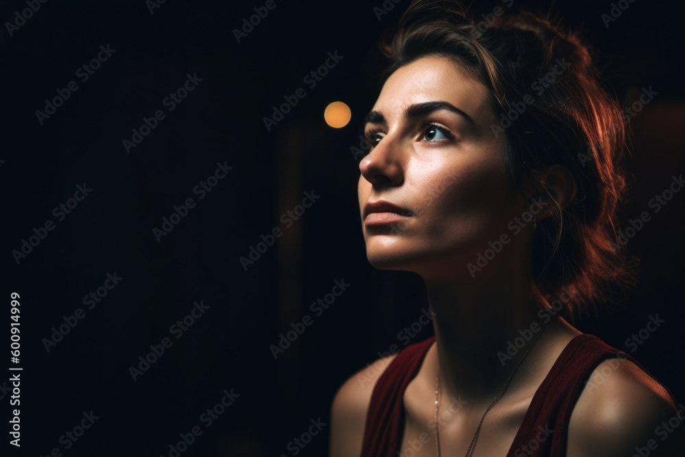 Portrait of a woman with a captivated, impressed expression, watching a ...