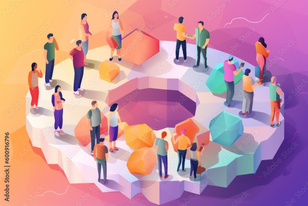 Illustration of a group of people engaging in peer-to-peer transactions ...