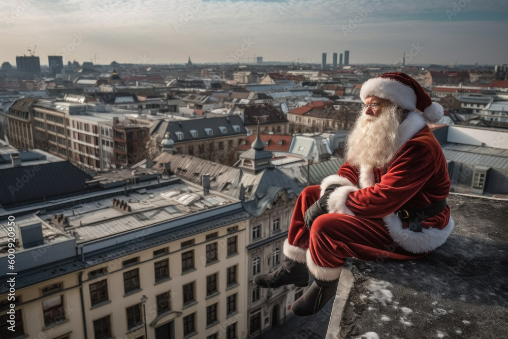 Santa Claus sitting on a roof top and watching the city life Stock ...