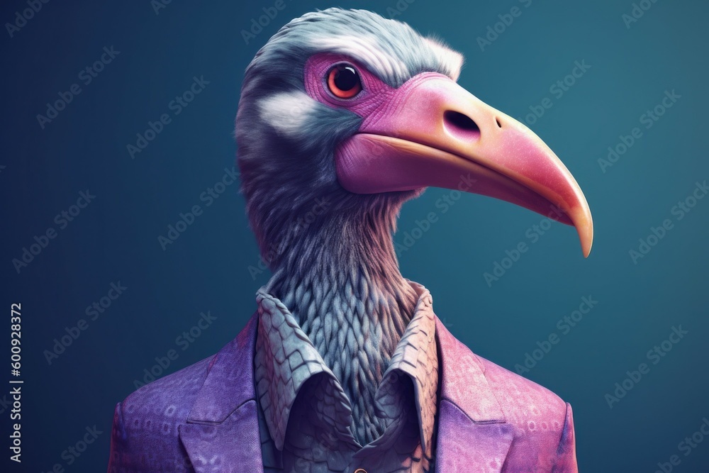 Anthropomorphic bird dressed in human clothing. humanized animal ...