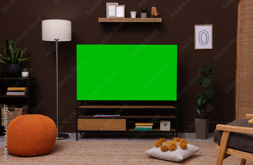 Chroma key compositing. TV with mockup green screen in room. Mockup for ...