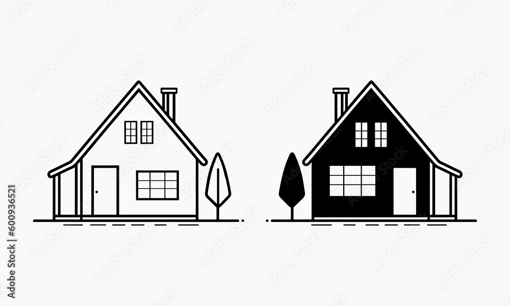 House outline vector silhouette, home icon line art drawing ...