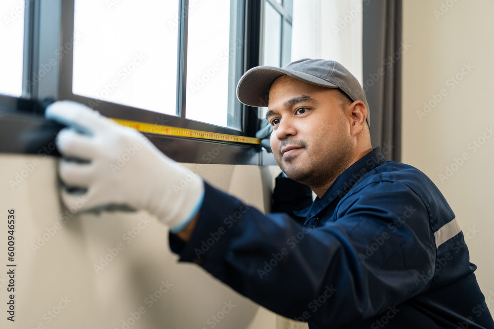 Technician worker in uniform using measuring tape tool to measuring ...