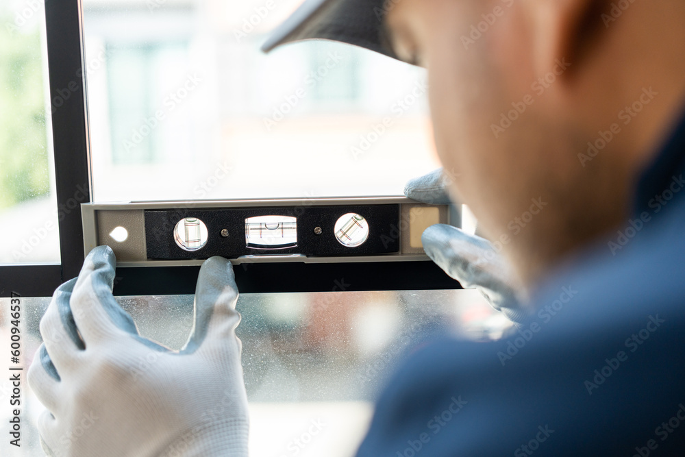 Technician worker in uniform using water level meter or spirit level ...