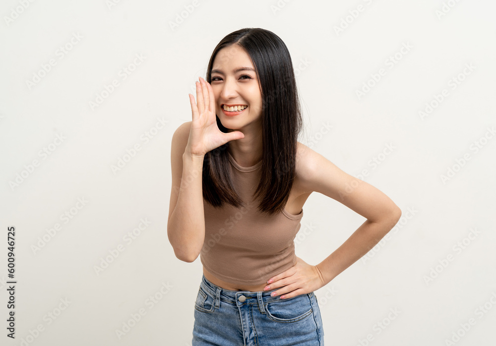 Happy beautiful asian woman with copy space. Excited pretty girl shout ...