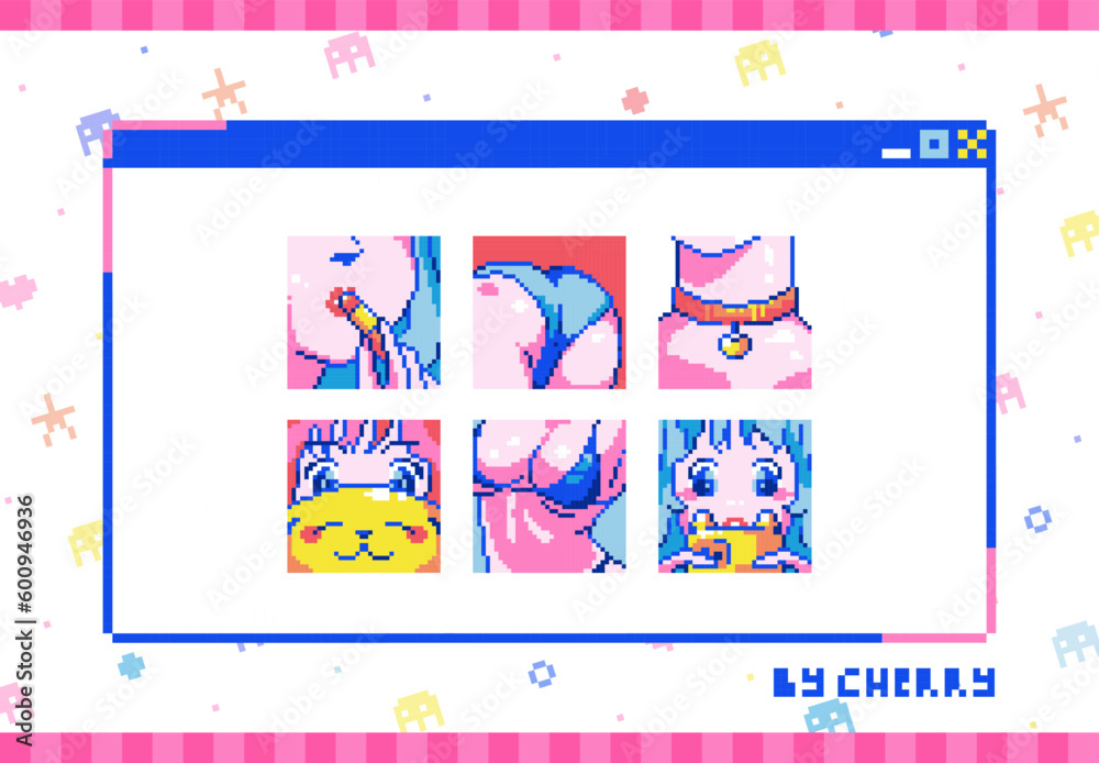 Pixel Art Anime Girls Cute Set 8bit Retro Style Sexy Romantic Hot And Cute Young Girls Or
