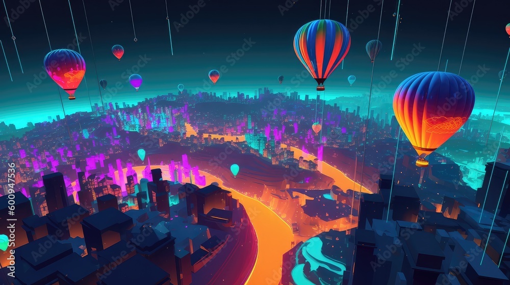 Glowing balloons at the colorful horizon with mountains and sky, a ...