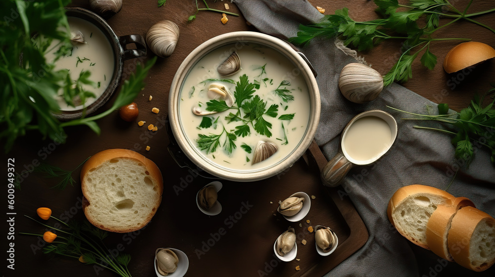 Clam chowder in a bowl, rich and creamy soup, bursting with the ...