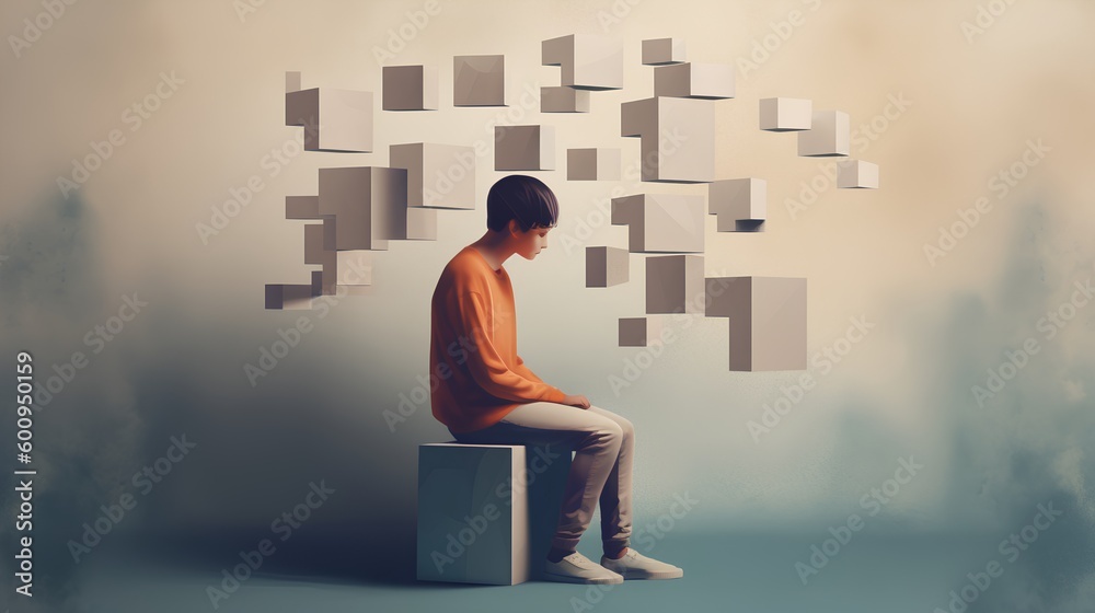 Conceptual representation of mental health issues. Person sitting, lost ...