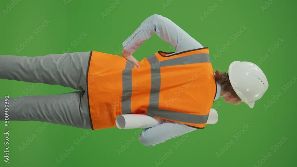 Vertical Footage.Green Screen.Back View.Young Confident Female Designer ...