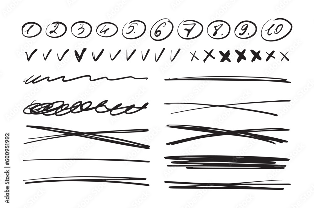 Set of underline lines, scribbles with pen, marker, numbers from 1 to ...