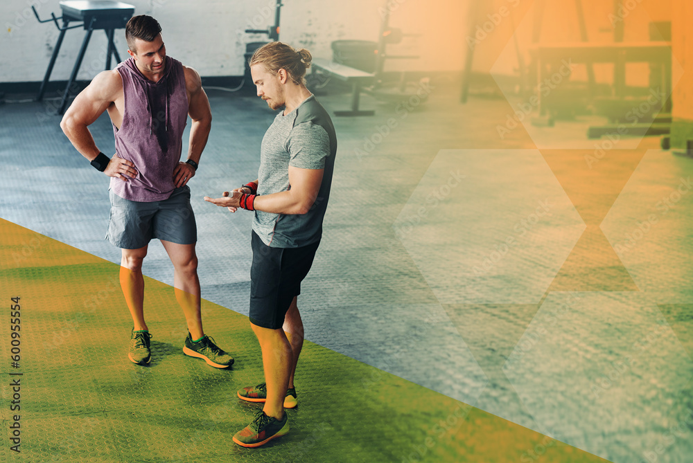 Men, friends and talking about fitness at gym with tips for health and ...