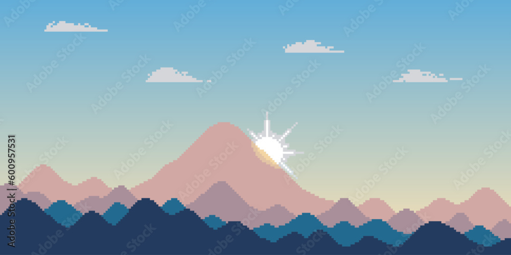 Colorful simple vector pixel art horizontal illustration of morning ...