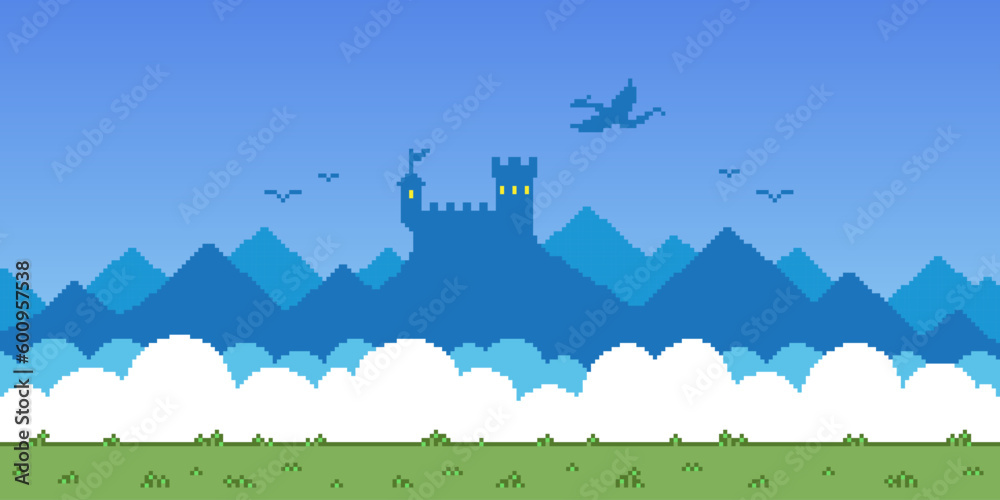 Colorful simple vector pixel art horizontal illustration of fantasy ...