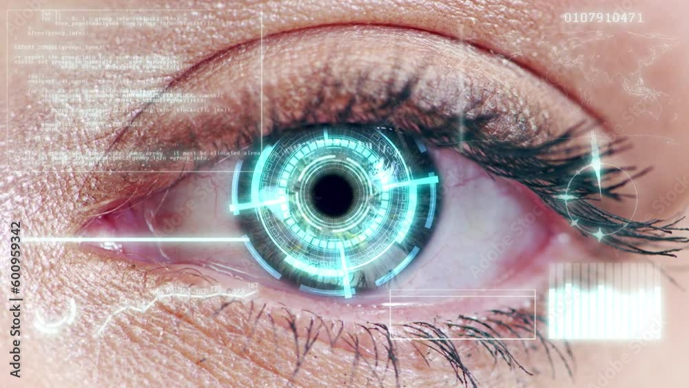 Cybersecurity, data and futuristic with scan of eye for biometric ...