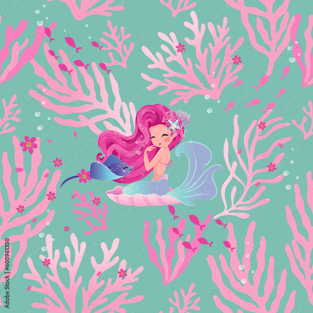 Cute mermaid with little stingray, pattern for kids fashion artwork ...
