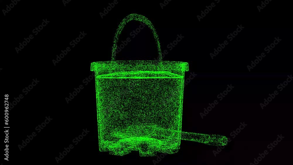 3D sand bucket with shovel rotates on black background. Object made of ...