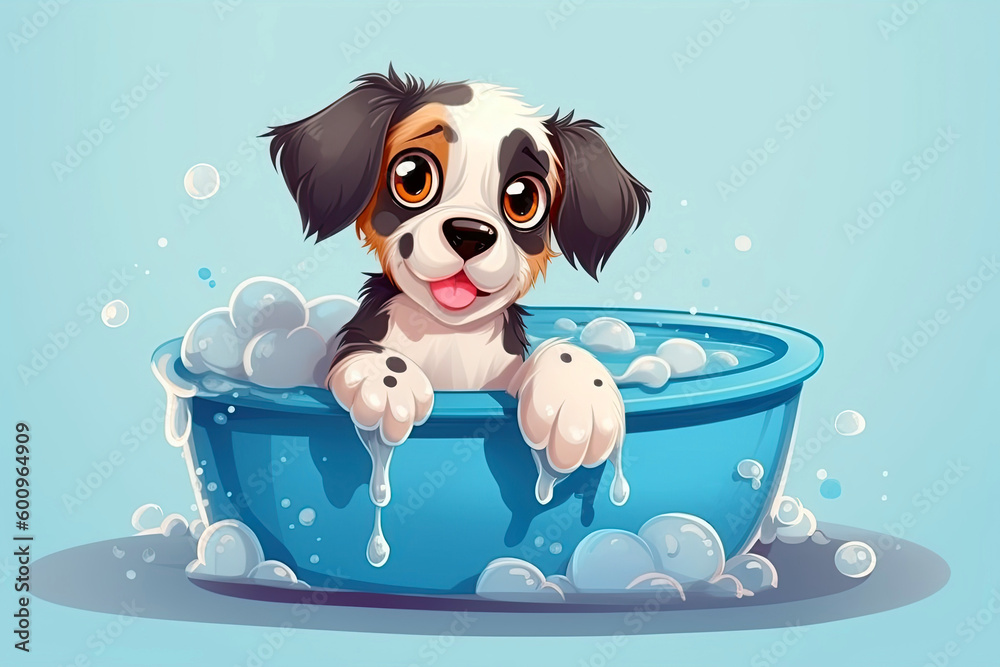 Generative AI cartoon-style illustration depicting a cute dog taking a ...