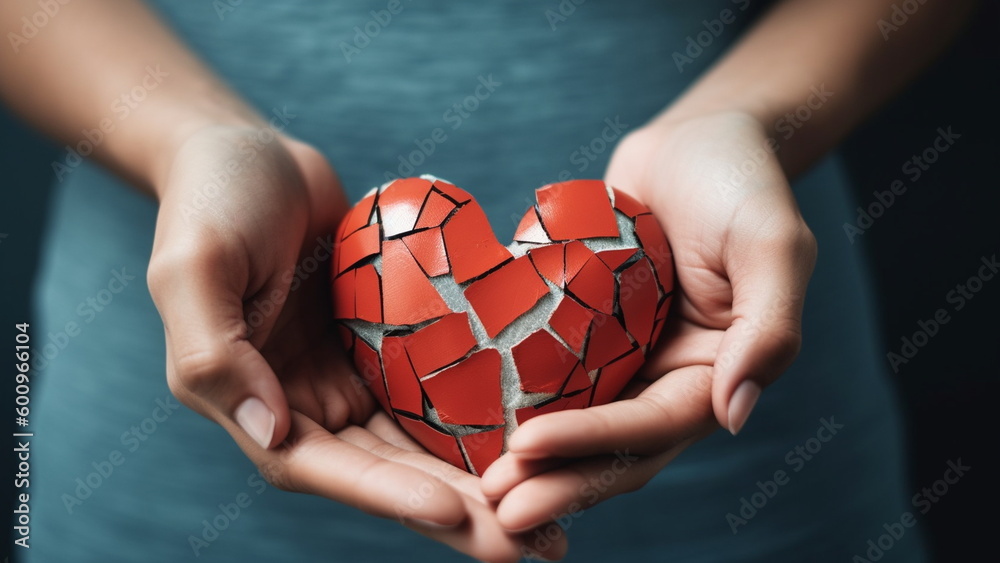 Broken red heart glued together with medical patch in palms of female ...