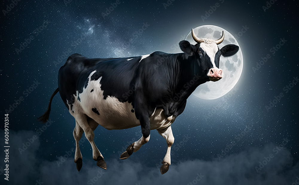 cow flies against the background of moon and stars in night sky ...