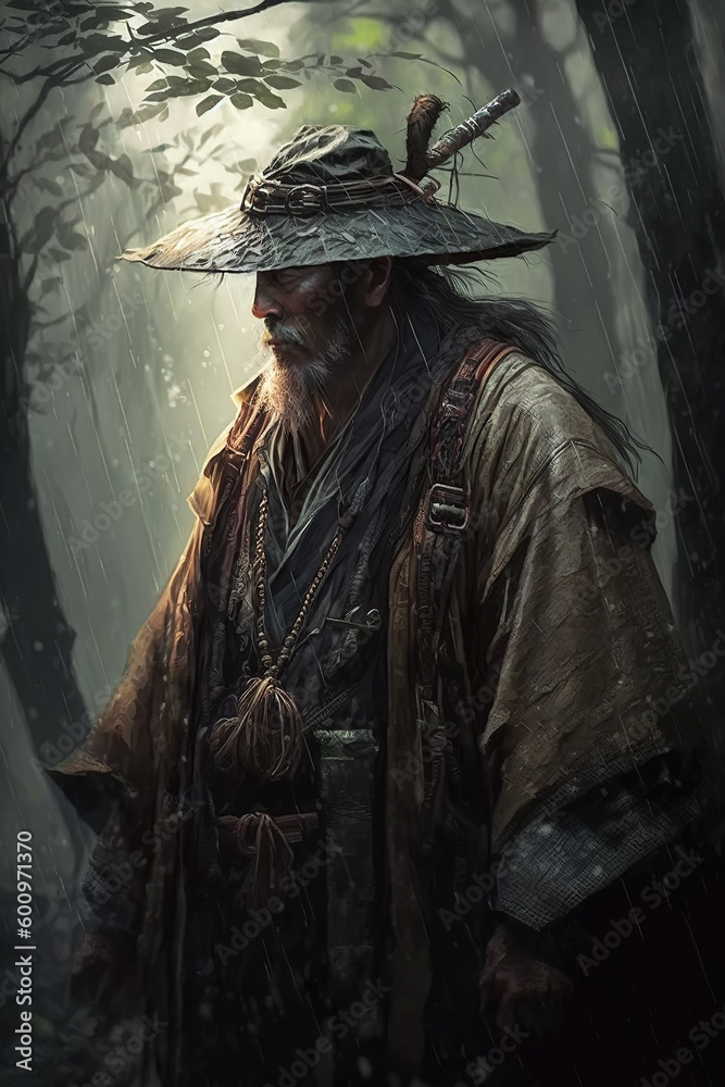 old samurai warrior in traditional Japanese armor in forest in rain ...