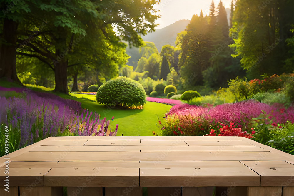 Empty wood table with free space over green trees, green field ...