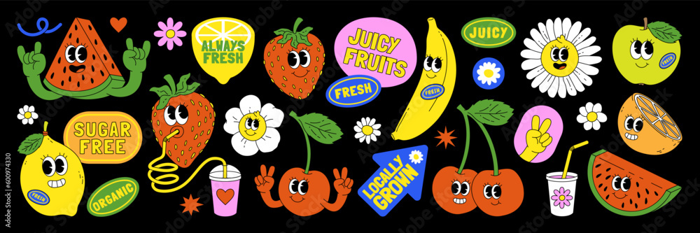 Fruit retro funky cartoon stickers. Comic character of cherry ...