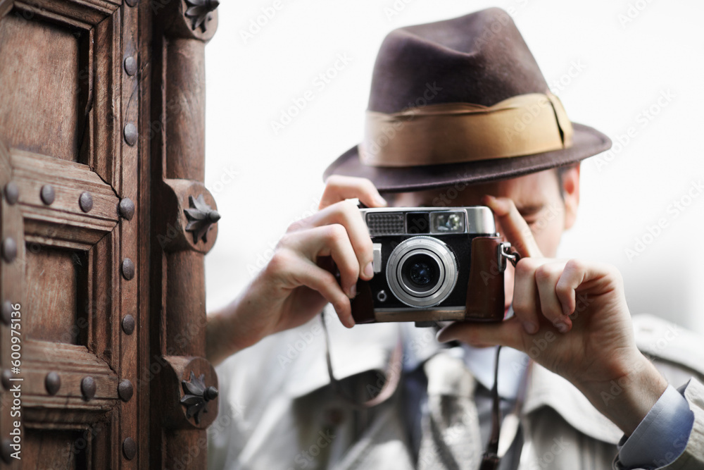 Detective, camera and spy with man in studio for surveillance, reporter ...