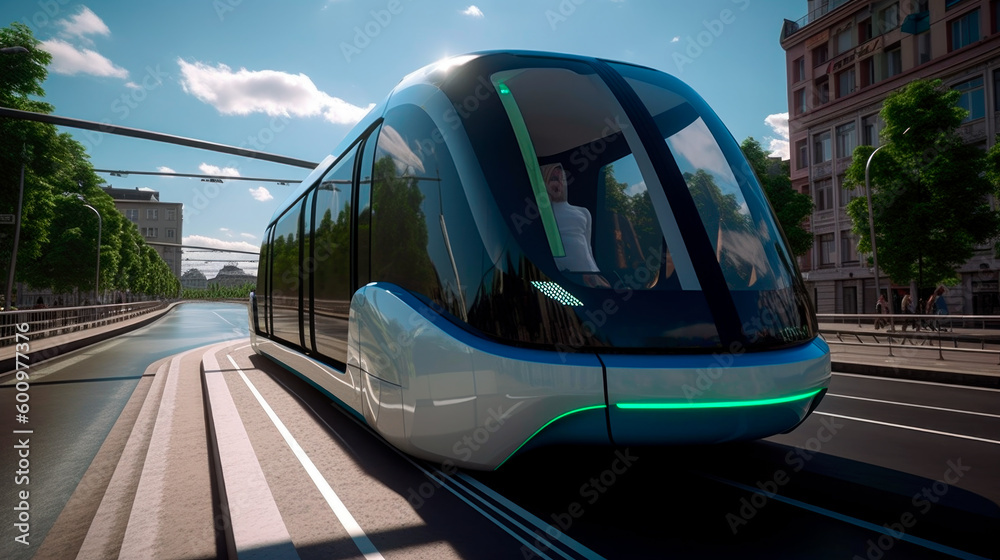 Generative Ai illustration of a Autonomous futuristic tram traveling ...