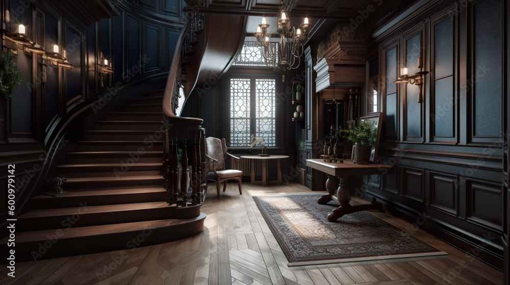 Dark academia style, victorian style mansion interior design with ...