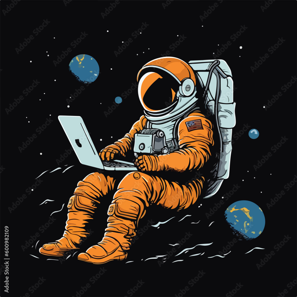 Astronaut in spacesuit working using laptop computer vintage badge logo ...