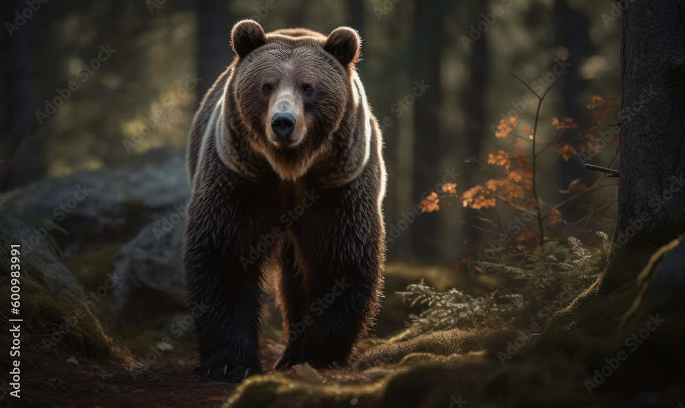 Photo of grizzly bear, standing tall in a forest clearing. The bear's ...