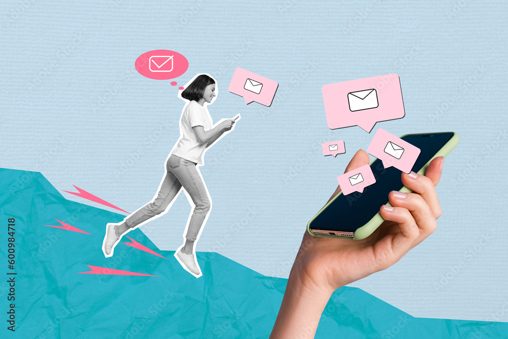 Poster banner collage of young lady fast runner have social network ...