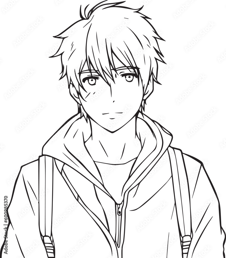 Anime boy head in cartoon style, anime boy, coloring page, vector ...