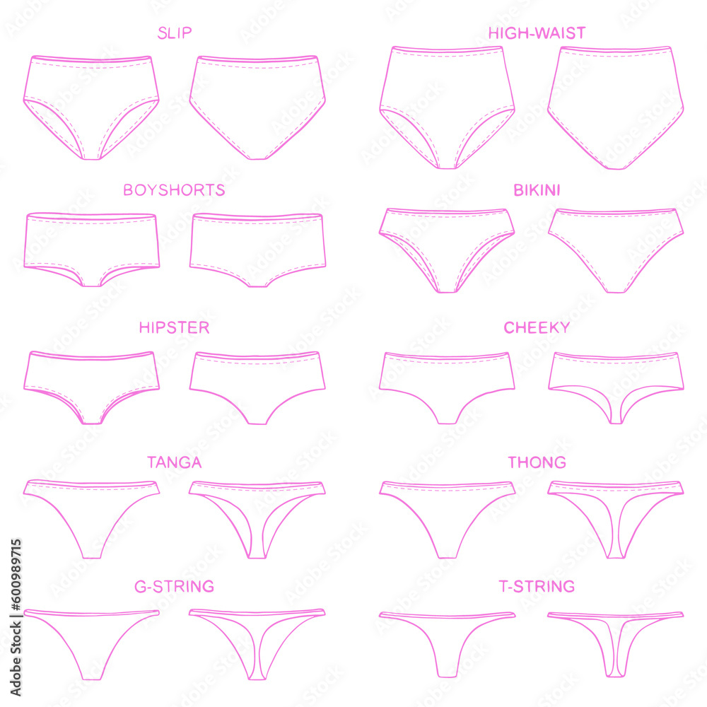 Types of women's panties. Front and behind view. Set of underwear ...